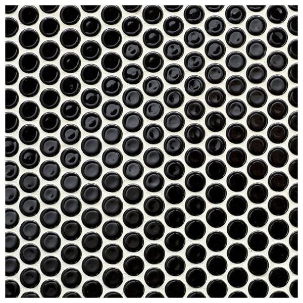 Metro Penny Round Black Glossy Porcelain Mosaic 3/4 | Unique Tile